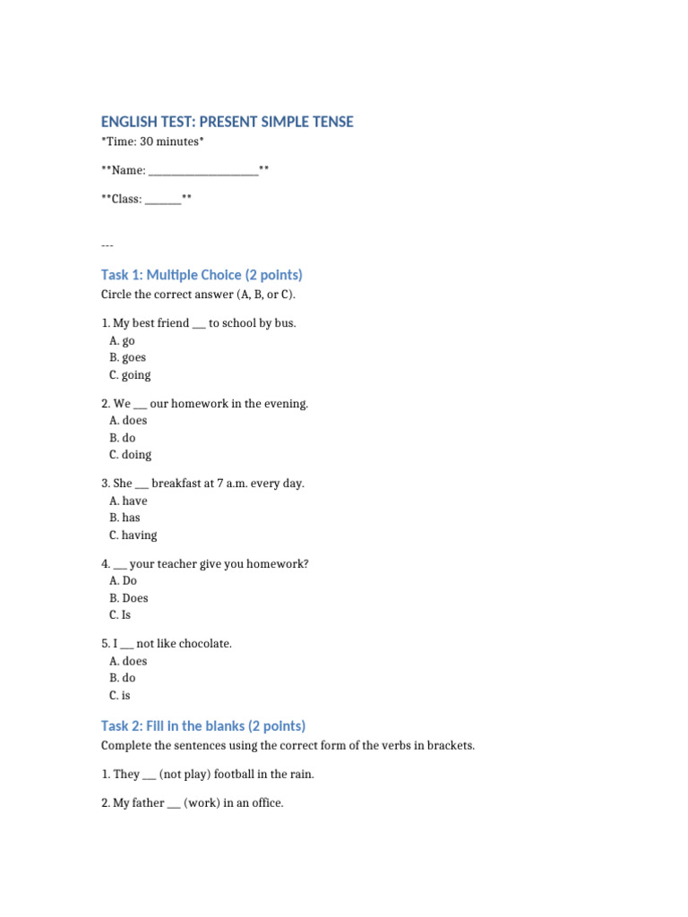 Present Simple Tense Test | PDF | Language Families | Linguistic Typology