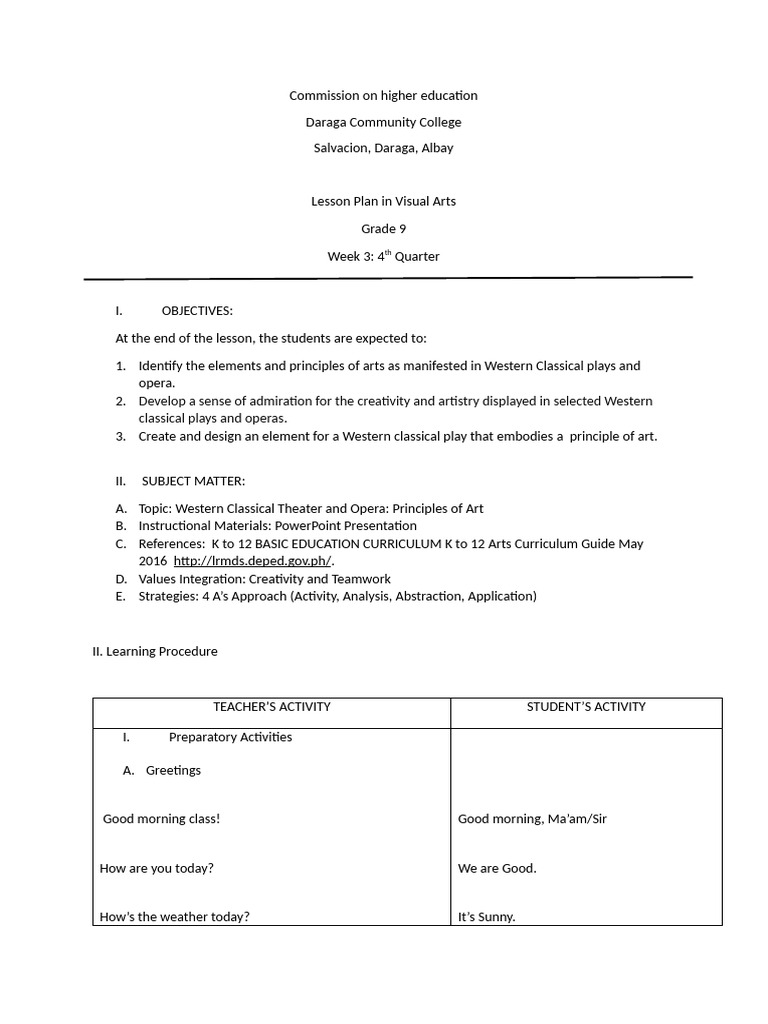 Grade 9 Visual Arts Lesson Plan | PDF | Symmetry | Composition (Visual ...