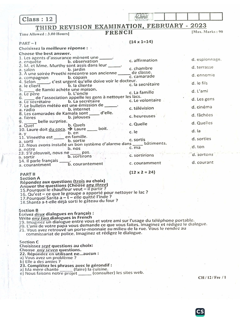 Xii French III Rev 2023 | PDF