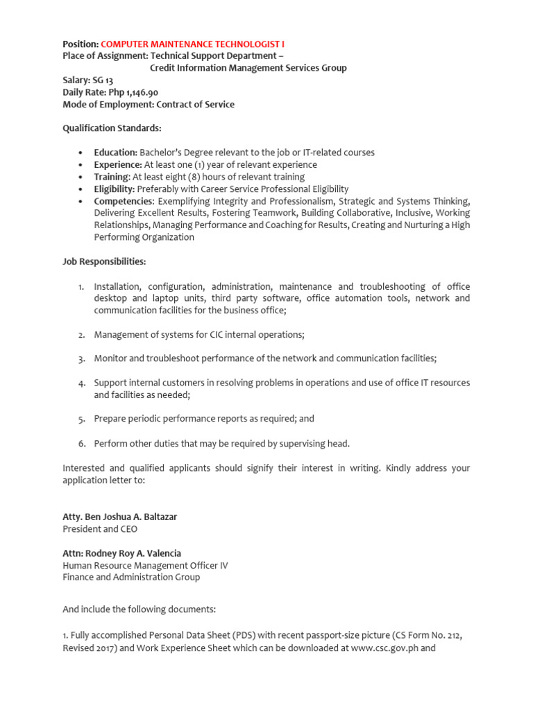 Computer Maintenance Technologist I Role | PDF | Business