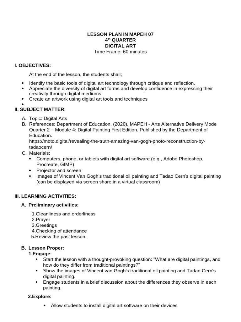 Prof-Ed-9 - Lesson-Plan Digital Art | PDF | Paintings | Brainstorming