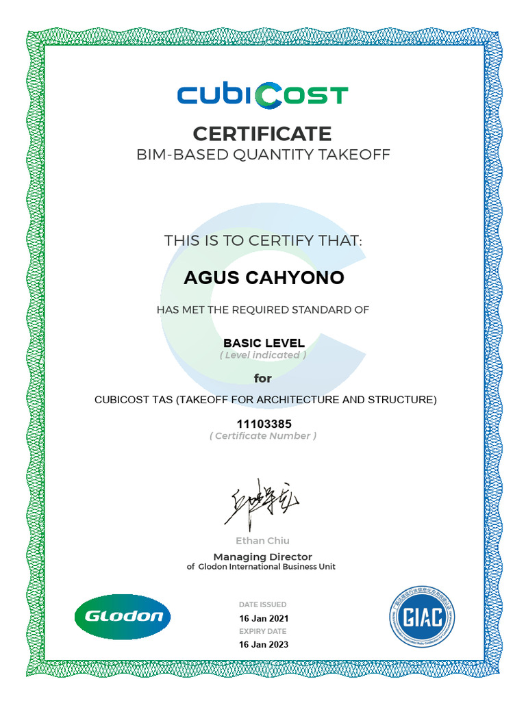 Cubicost Certificate AGUS CAHYONO 11103385 | PDF