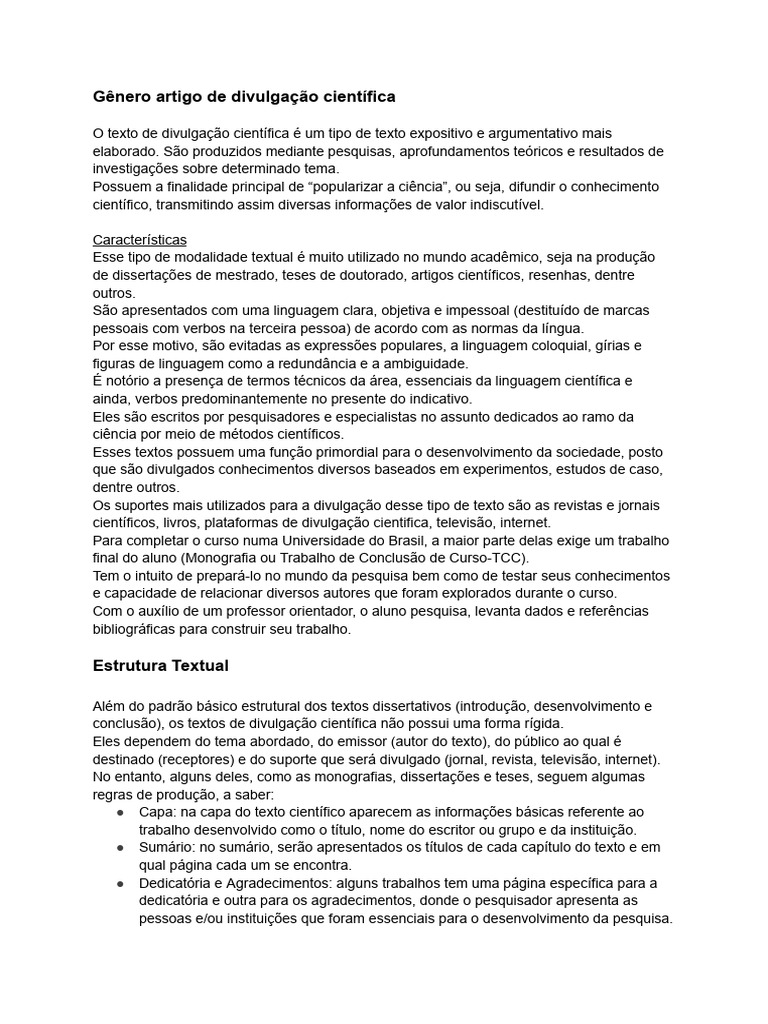 Artigo De Divulgação Científica Pdf Science Publicações Acadêmicas