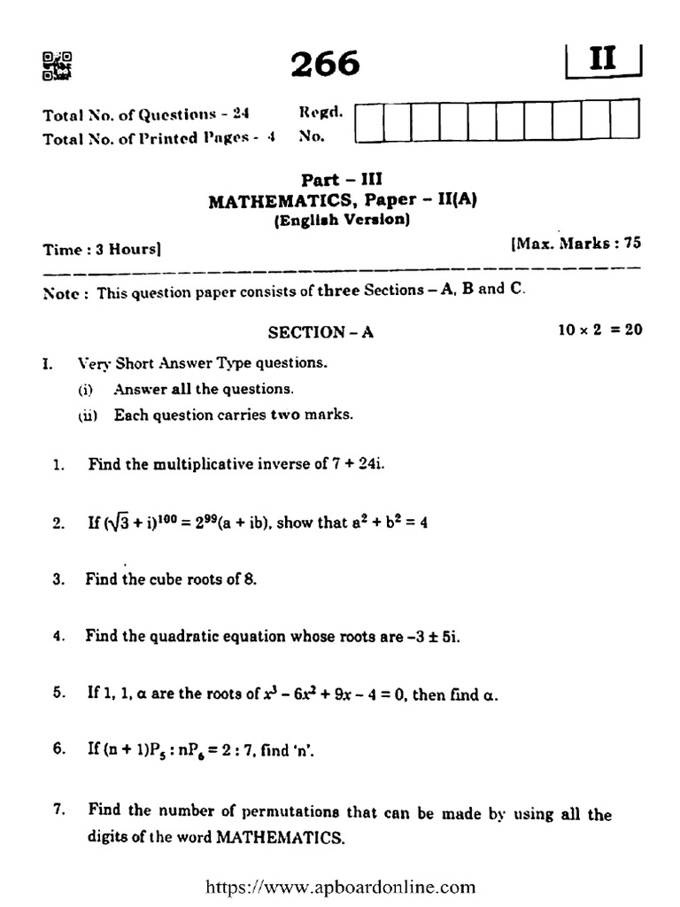Ap Inter 2 Year Mathematics English Version p2 266 2021 | PDF