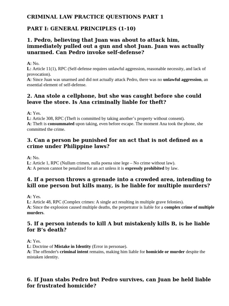 Criminal Law Practice Questions Explained | PDF | Crimes | Crime & Violence