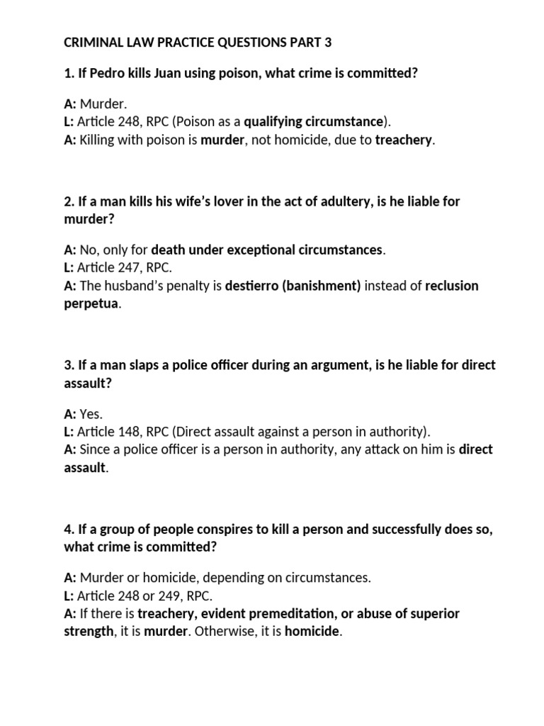 Criminal Law Practice Questions Part 3 | PDF