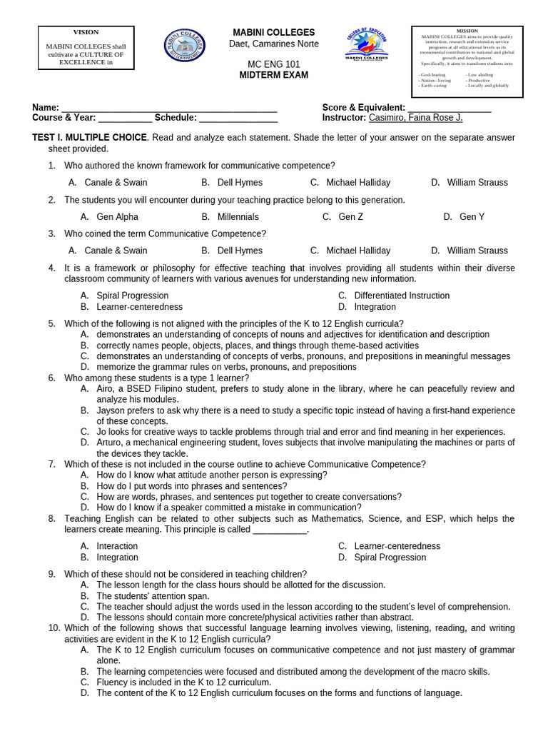 Midterm ENG 101 Answer Sheet - Copy | PDF | Curriculum | Communication