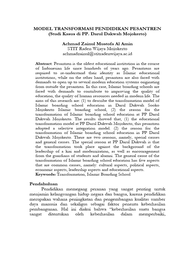 Model Transformasi Pendidikan Pesantren (Studi Kasus Di PP. Darul Dakwah Mojokerto) Achmad ...
