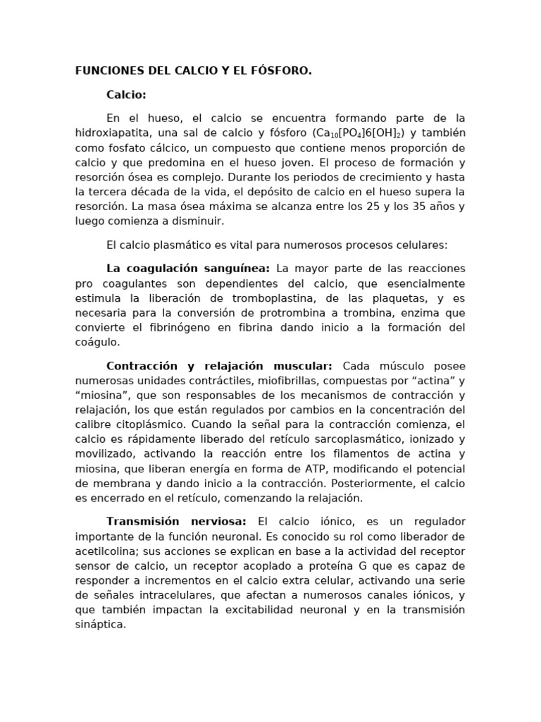 Funciones del Calcio y Fósforo en el Cuerpo | PDF | Calcio ...