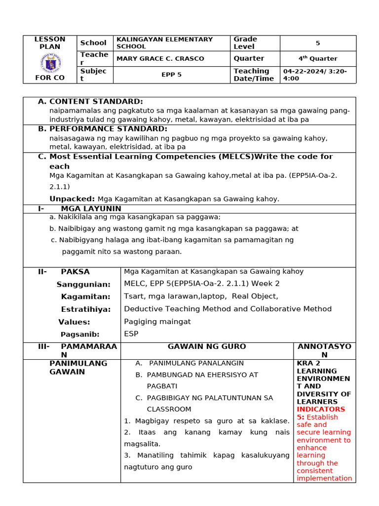 4th LESSON PLAN IN EPP 5 (COT 4TH QUARTER) | PDF