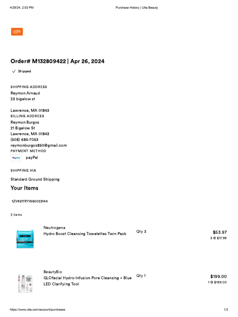 Purchase History - Ulta Beauty | PDF