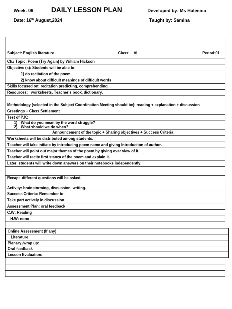 English Literature Lesson Plan: Poem Analysis | PDF