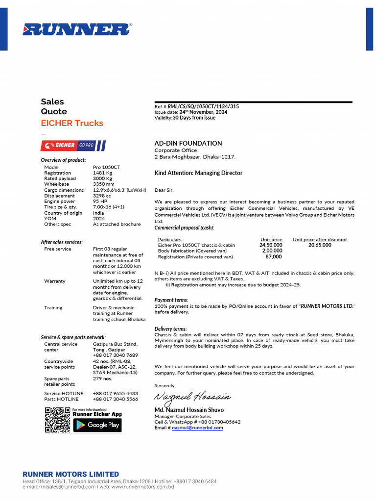 Ad-Din Foundation - Pro 1050-Cash Offer | PDF | Truck | Commercial Vehicles