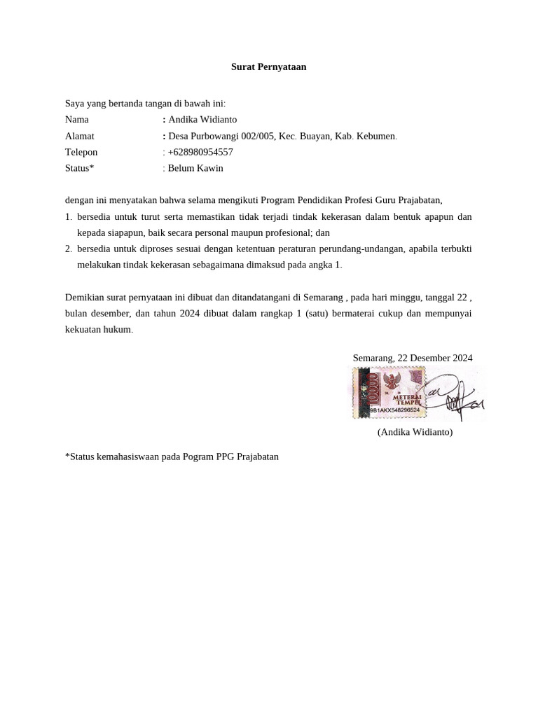 Surat Pernyataan PPKS Untuk PPGI | PDF