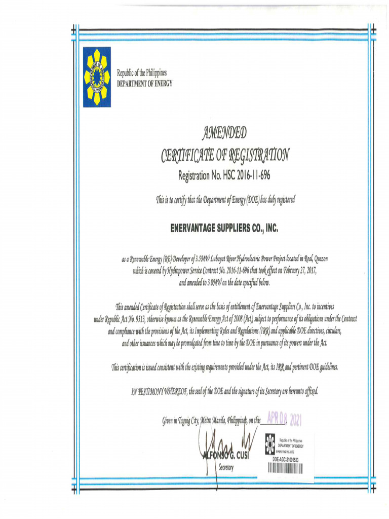 Amended Certificate of Registration - HSC 2016-11-696 | PDF