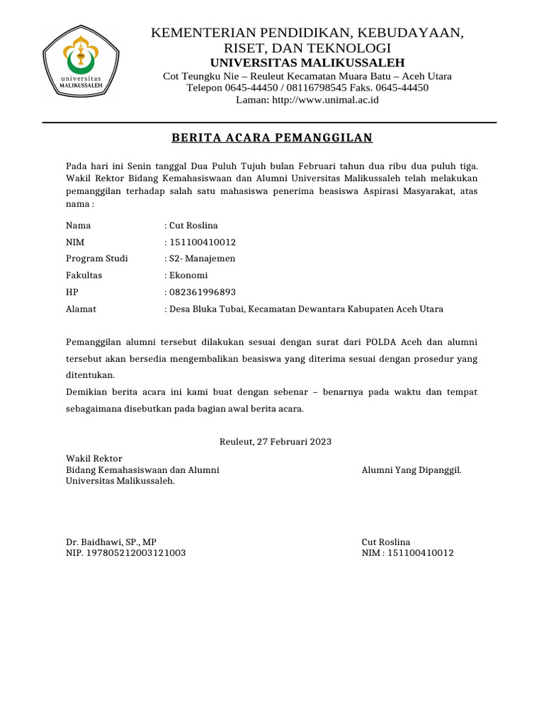 BERITA ACARA PEMANGGILAN | PDF