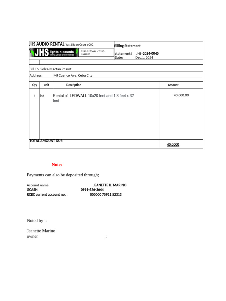 LED Wall Rental Invoice Cebu | PDF