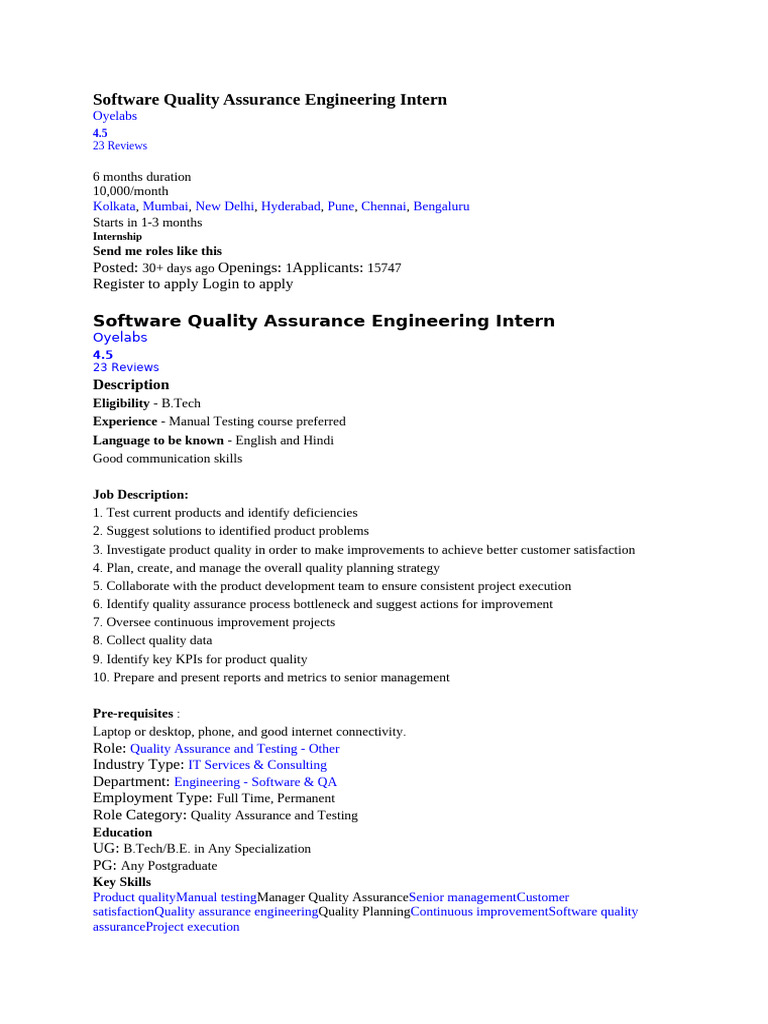 Software Quality Assurance Engineering Intern | PDF