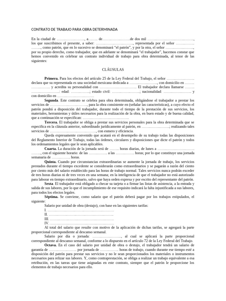 Contrato de Trabajo para Obra Determinada | PDF | Salario | Tiempo de trabajo