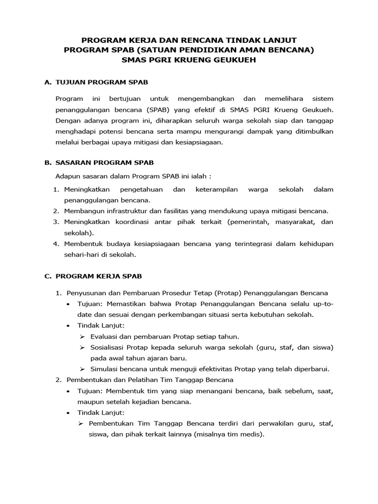 Program Kerja Dan Rencana Tindak Lanjut Spab. Pgri PDF | PDF