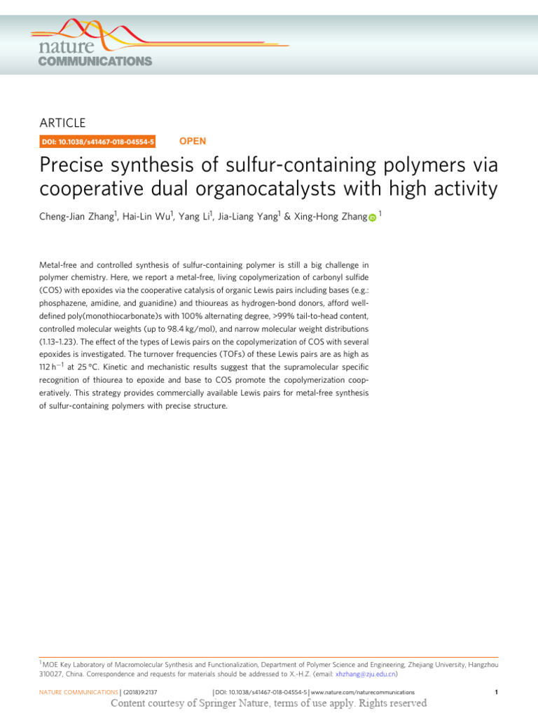 Precise Synthesis of Sulfur-Containing Polymers VI | PDF | Copolymer ...