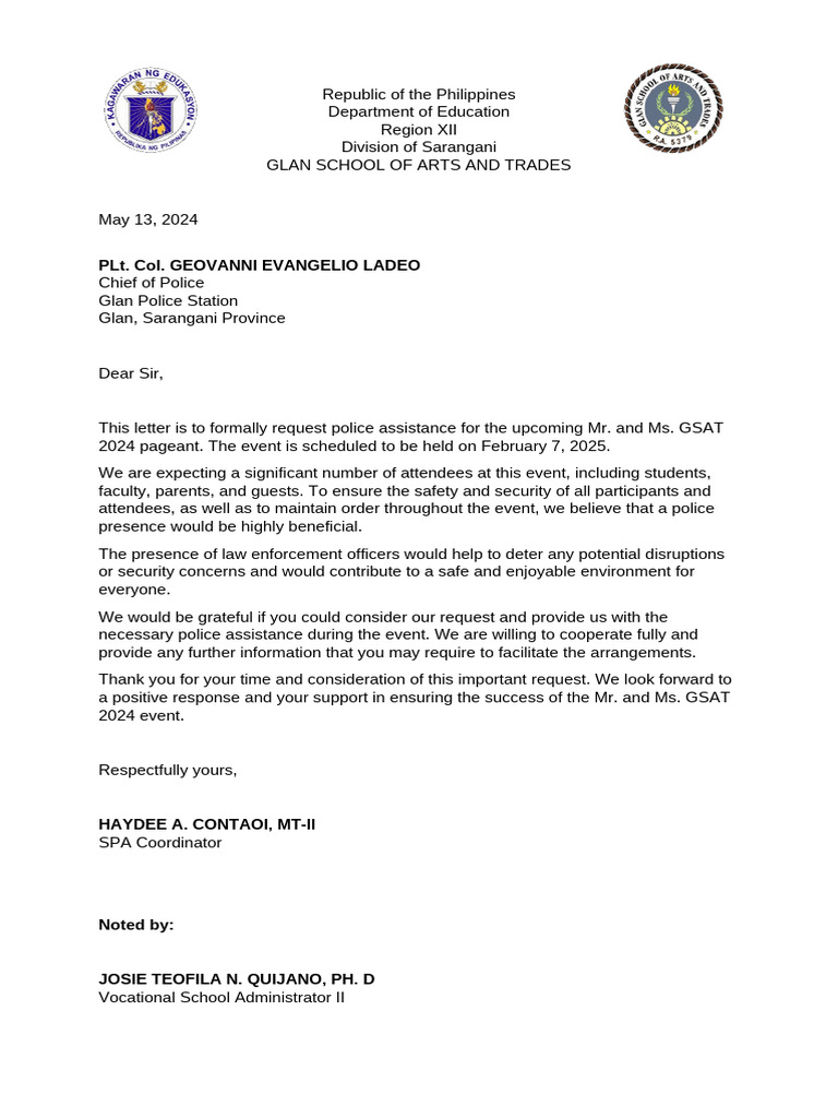 Request for Police Assistance at GSAT 2024 | PDF