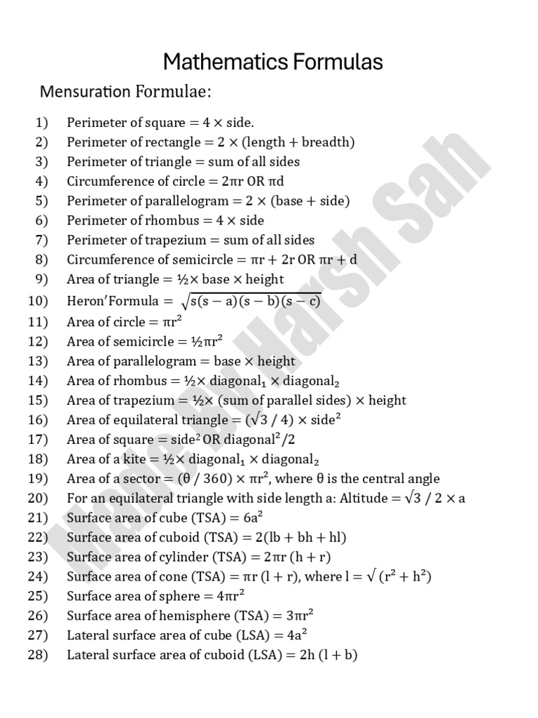 Comprehensive Mensuration & Algebra Formulas | PDF | Area | Elementary ...