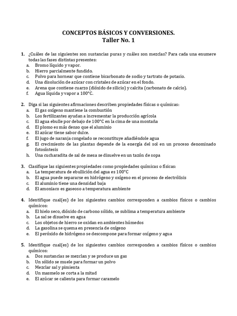 Taller 1 - Conceptos básicos y conversiones | PDF | Agua | Sustancias químicas