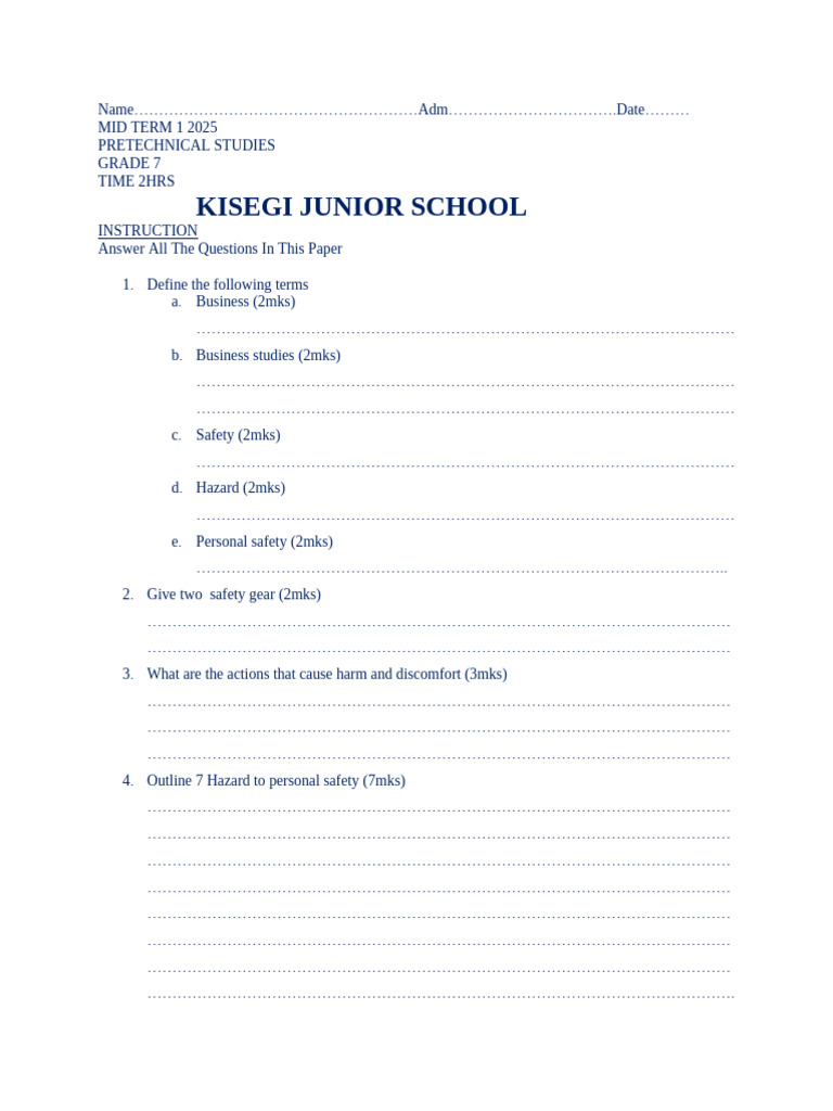 pretechnical studies grade 7 mid term assessment term 1 2025 | PDF
