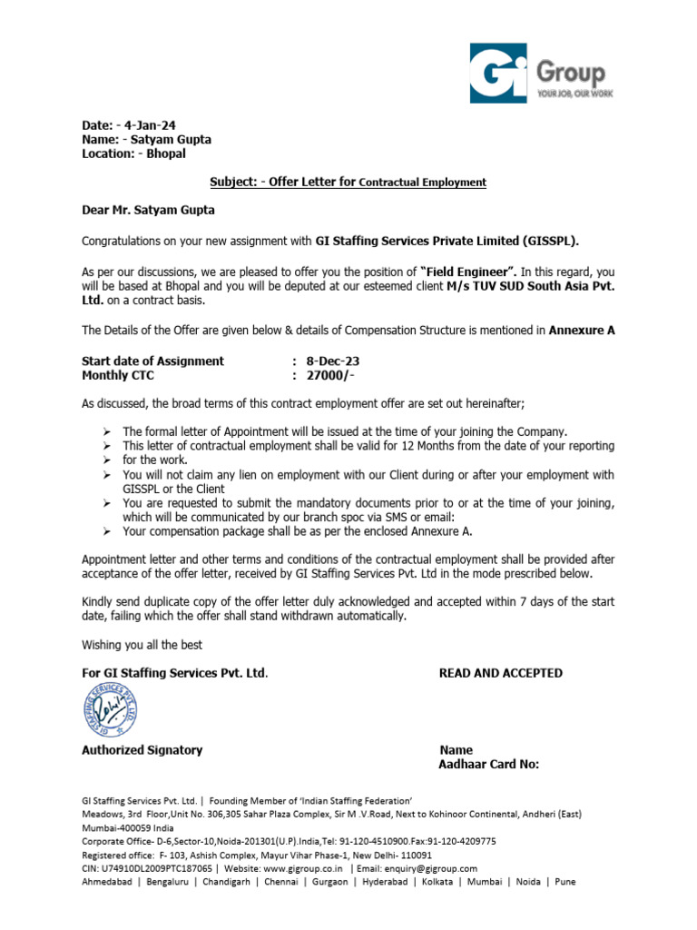 Satyam Gupta - Offer Letter | PDF | Government Finances | Taxes