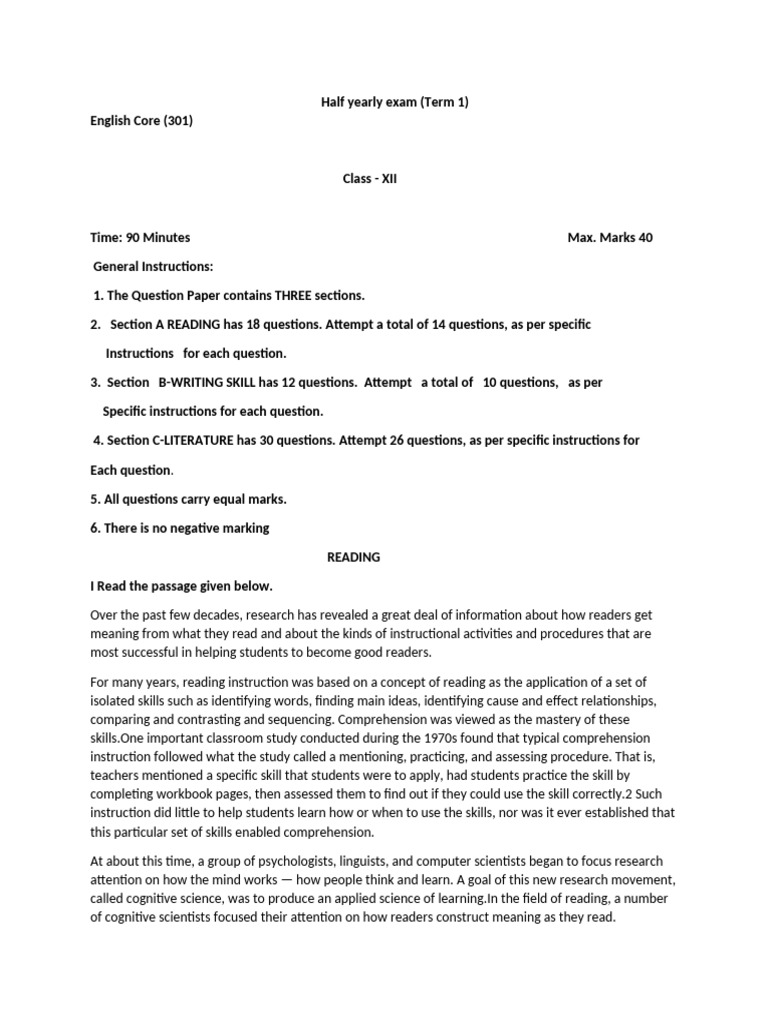 .PP - Class Xii New Paper Half Yearly Objective New | PDF | Reading ...