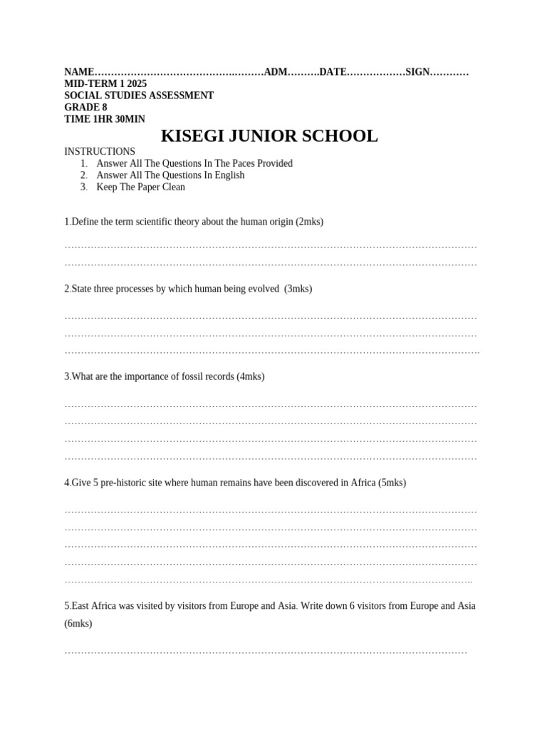 Grade 8 Social Studies Mid-Term 2025 | PDF