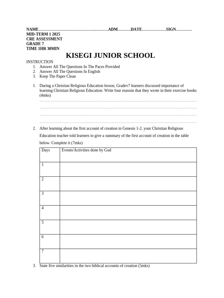 Cre Grade 7 Assessment Mid Term 1 2025 | PDF