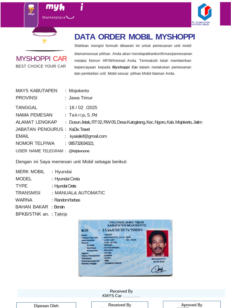 TAKRIP, S.PD FORM PEMESANAN MOBIL PROGRAM MYSHOPPI TEAM 012025 | PDF