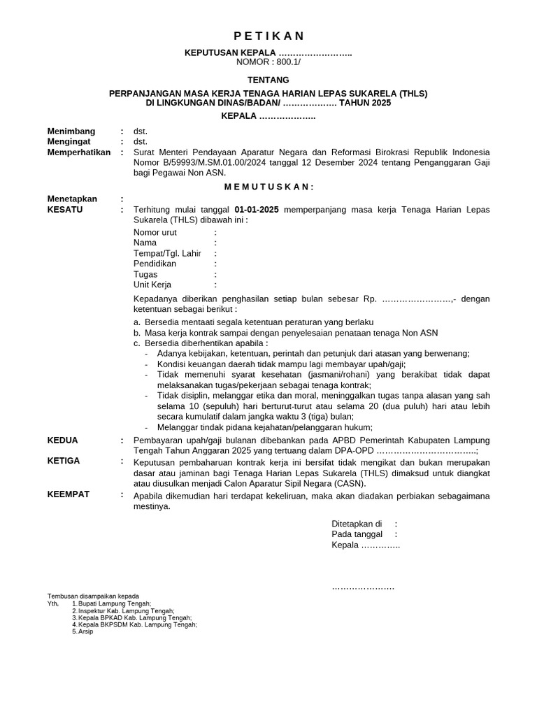 SK Petikan Perpanjangan Masa Kerja Tanaga Harian Lepas Sukarela THLS | PDF