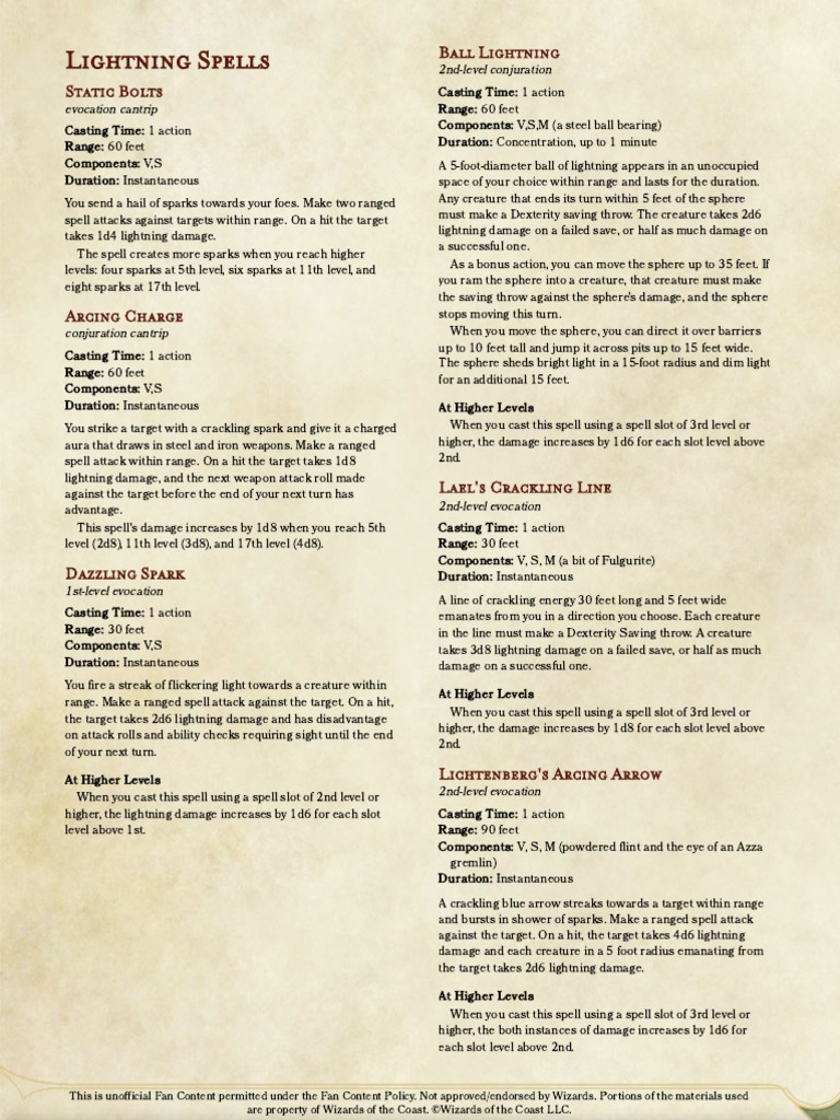 Lightning Spells - GM Binder | PDF | Lightning