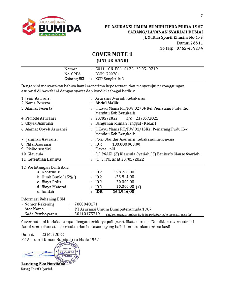 Cover Note Asuransi Syariah | PDF