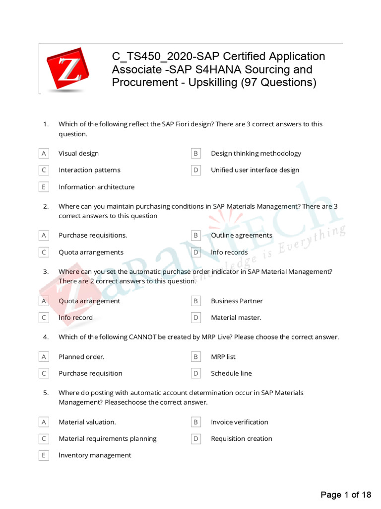 C_TS450_2020 - SAP S4HANA Sourcing and Procurement - Upskilling (97 Questions) | PDF ...