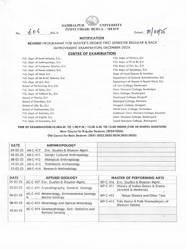 Revisedpg Mba Mtech 1st Sem 2024 Exam Programme | PDF