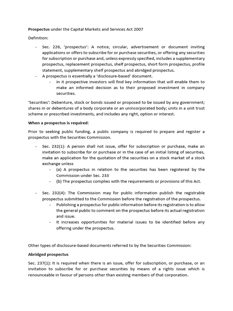 Prospectus Guidelines under CMSA 2007 | PDF | Securities (Finance ...