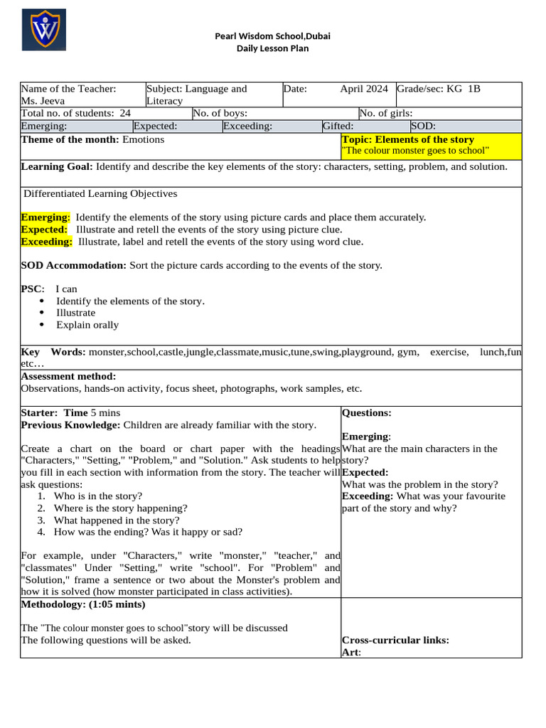 Colour Monster School Lesson Plan | PDF | Lesson Plan | Behavior ...