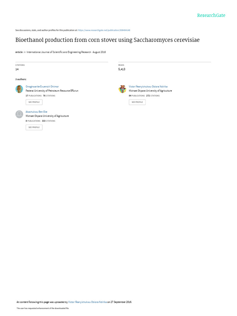 Bioethanol Production From Corn Stover Using Saccharomyces Cerevisiae | PDF | Biofuel | Ethanol