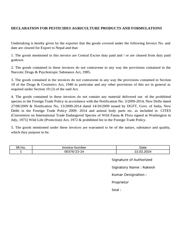 Declaration For Pesticides Agriculture Products and Formulations | PDF