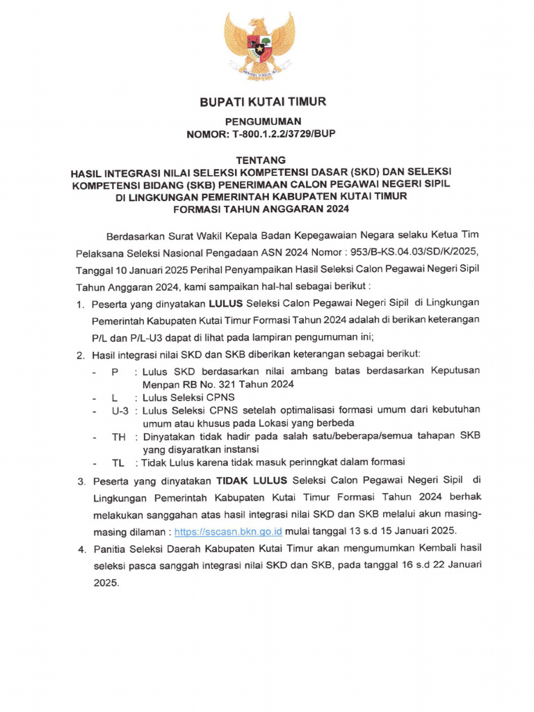 Pengumuman Hasil Integrasi SKD-SKB Cpns Kutim Formasi 2024 | PDF