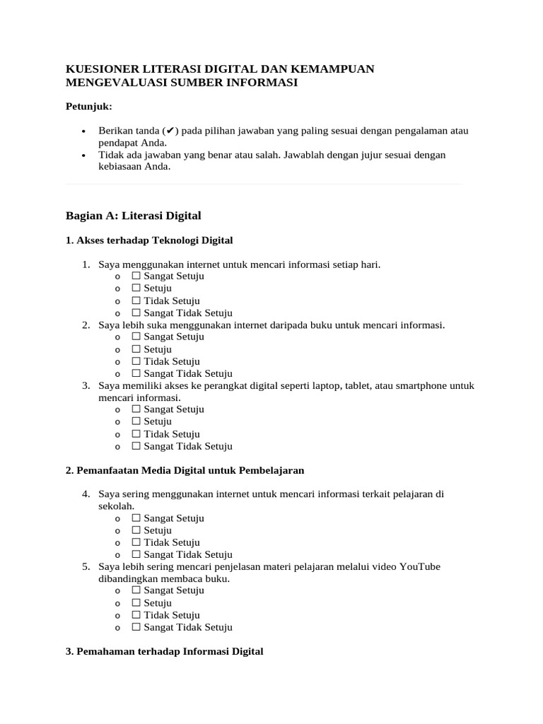 Kuesioner Literasi Digital Dan Kemampuan Mengevaluasi Sumber Informasi ...