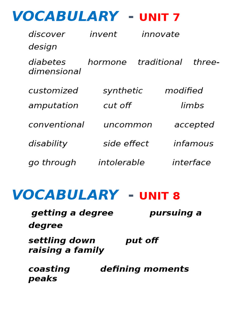 B1 Vocabulary 7, 8 & 9 Spring 2020 | PDF