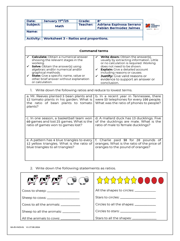 Ratios and Proportions Worksheet | PDF | Ratio