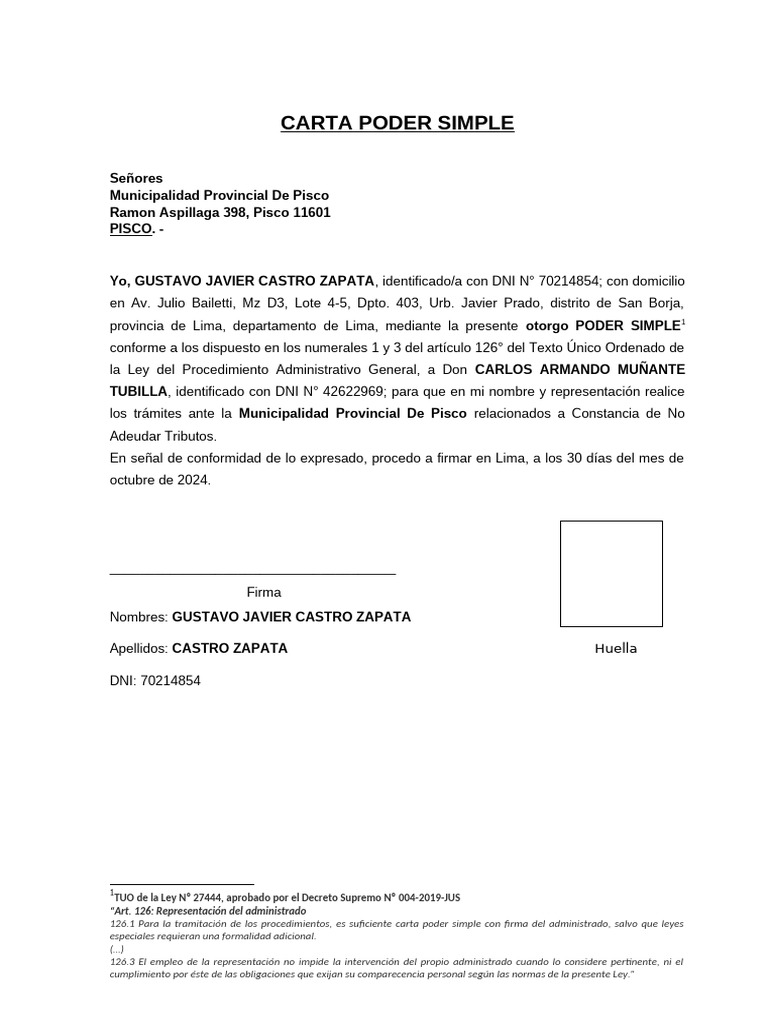 Carta Poder Simple para Trámites Municipales | PDF