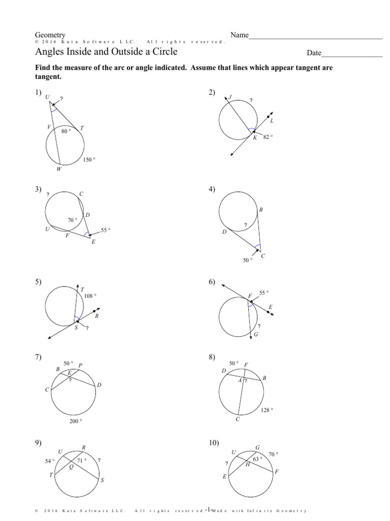Angles in Circles Worksheet | PDF | Analytic Geometry | Pi