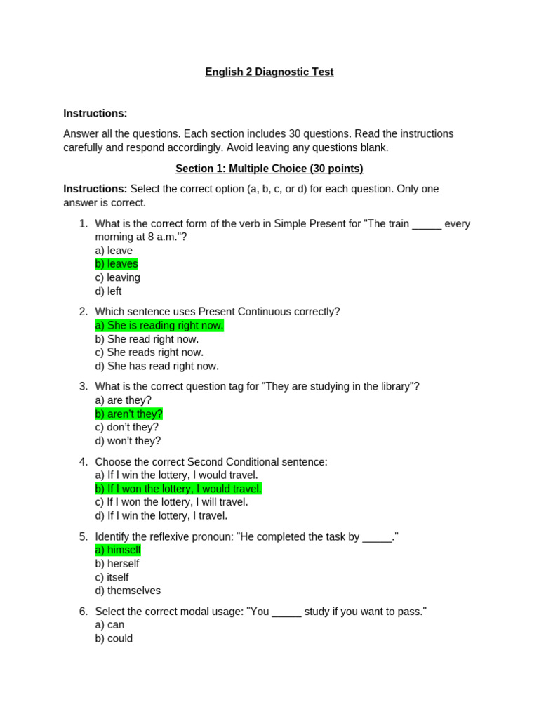 English 2 Diagnostic Test | PDF | Verb | Subject (Grammar)